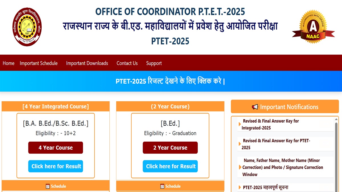 Rajasthan PTET Result 2025 Link: राजस्थान पीटीईटी रिजल्ट लिंक ptetvmoukota2025.in पर एक्टिव ...